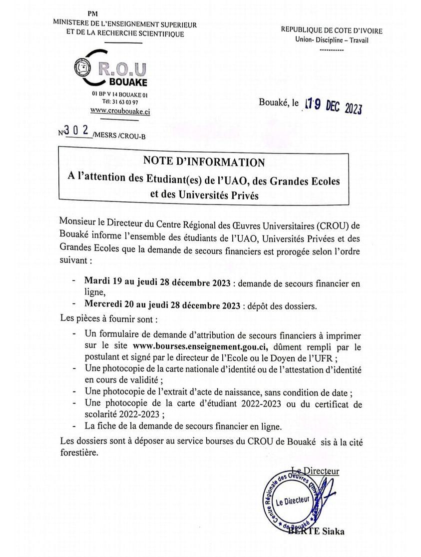 𝐍𝐎𝐓𝐄 𝐃'𝐈𝐍𝐅𝐎𝐑𝐌𝐀𝐓𝐈𝐎𝐍 𝐎𝐁𝐉𝐄𝐓 : 𝐏𝐑𝐎𝐑𝐎𝐆𝐀𝐓𝐈𝐎𝐍 𝐃𝐄 𝐋𝐀 𝐃𝐀𝐓𝐄 𝐃U 𝐃𝐄𝐏𝐎𝐓 𝐃𝐄𝐒 𝐃𝐎𝐒𝐒𝐈𝐄𝐑𝐒 𝐃𝐄 𝐒𝐄𝐂𝐎𝐔𝐑𝐒 𝐅𝐈𝐍𝐀𝐍𝐂𝐈𝐄𝐑S ...